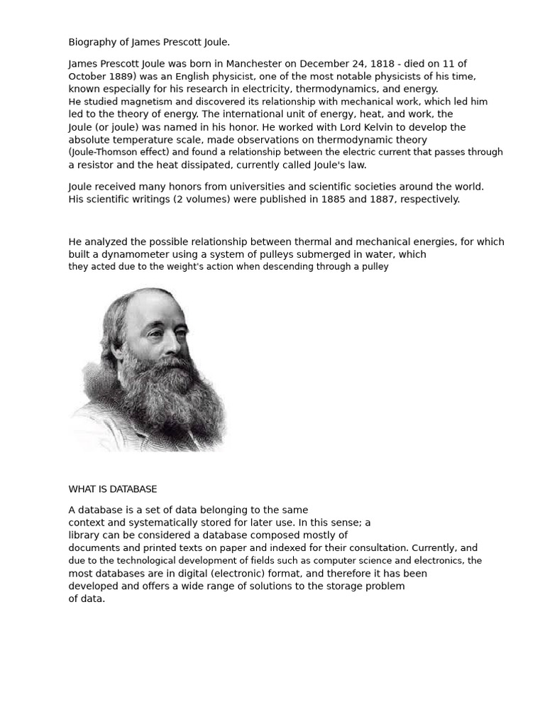 Biography of James Prescott Joule | PDF | Databases | Data