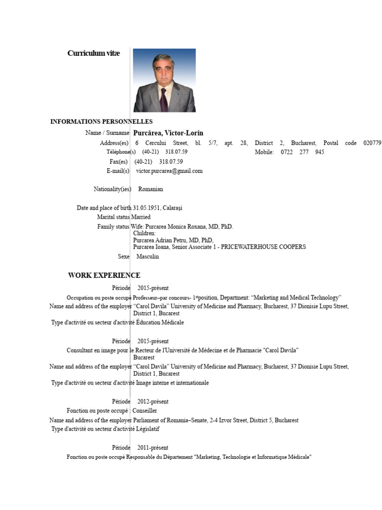 CV de Victor-Lorin Purcărea | PDF | Université | Roumanie