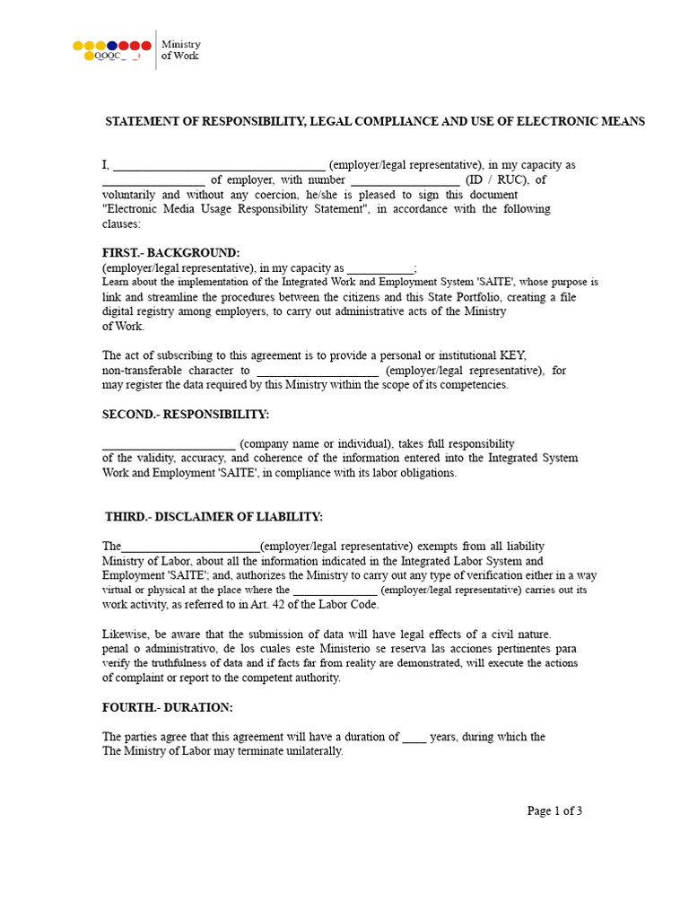 Statement of Responsibility | PDF | Labour Law | Regulatory Compliance