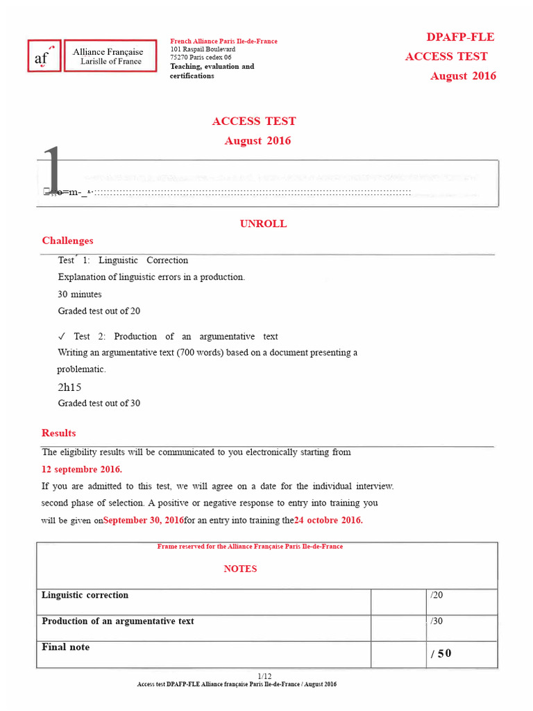 DPAFP-FLE Access Test Overview 2016 | PDF | Human Communication | Learning