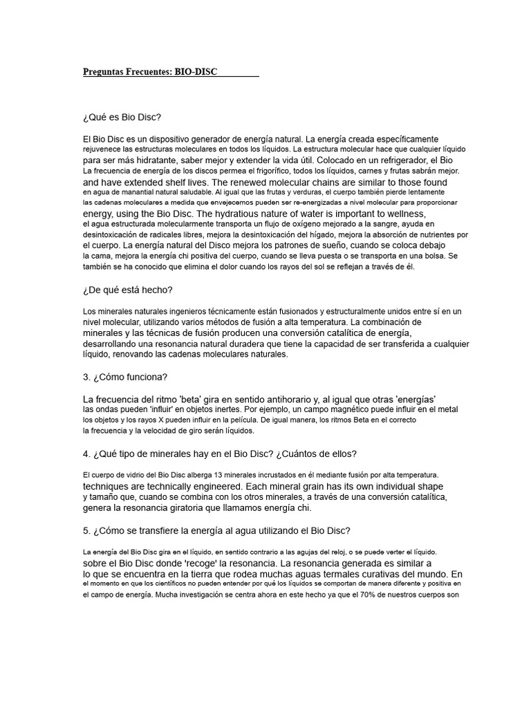 Preguntas Frecuentes Sobre Bio Disc | PDF | Agua | Gusto