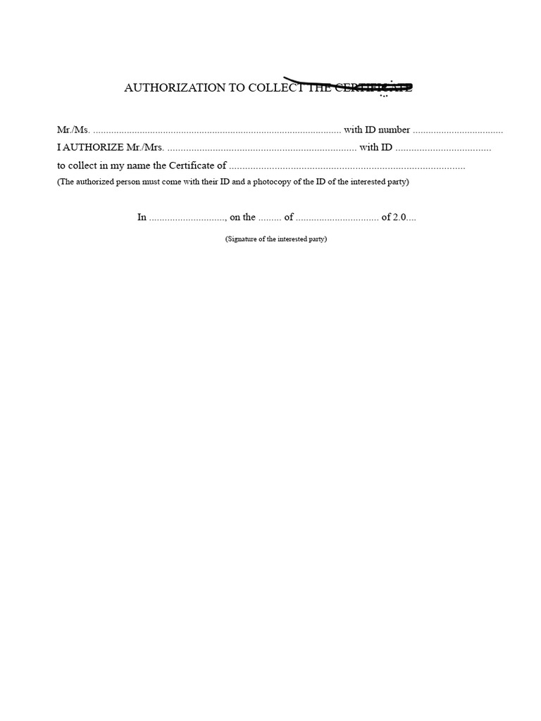 Authorization To Collect Simple Certificate | PDF