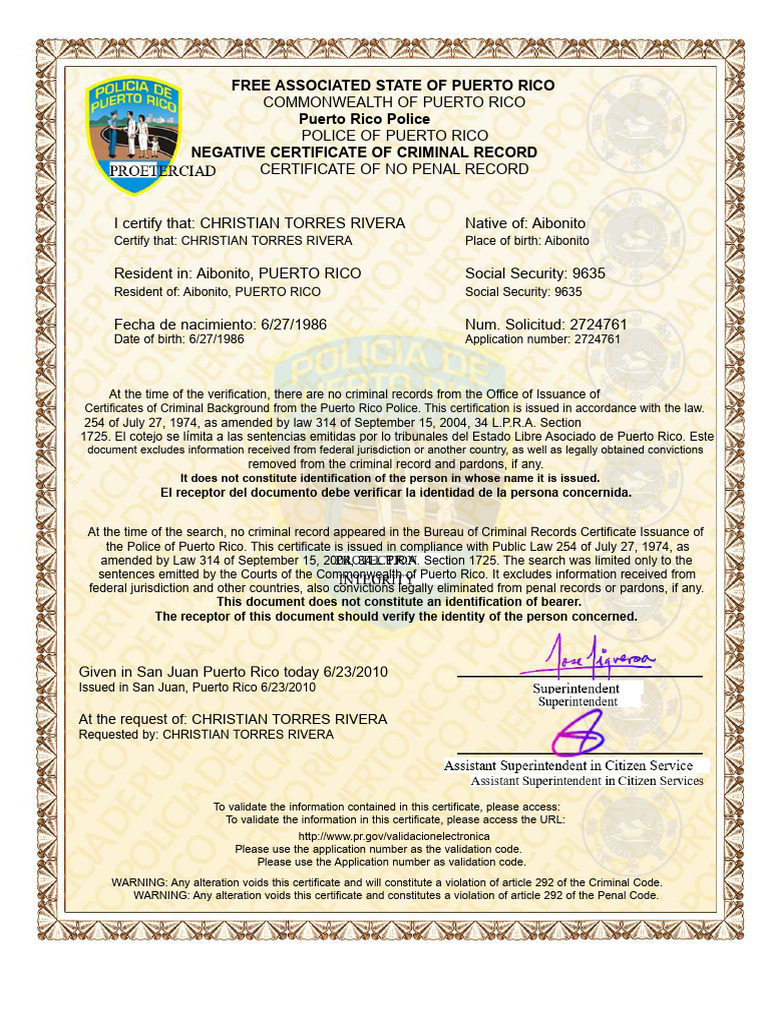 Certificate of Good Conduct | PDF | Criminal Record | Puerto Rico