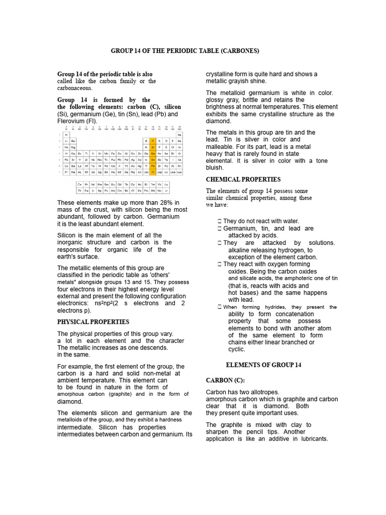 Group 14 Elements: Properties & Uses | PDF | Germanium | Carbon