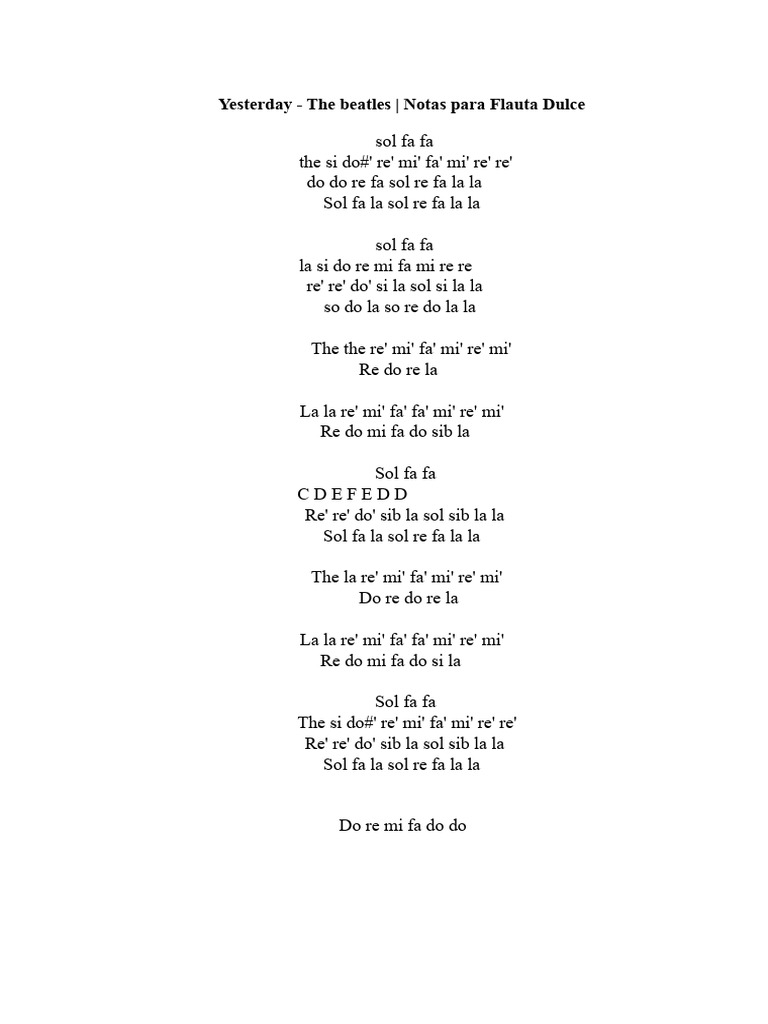 Flute Notes for "Yesterday" by The Beatles | PDF