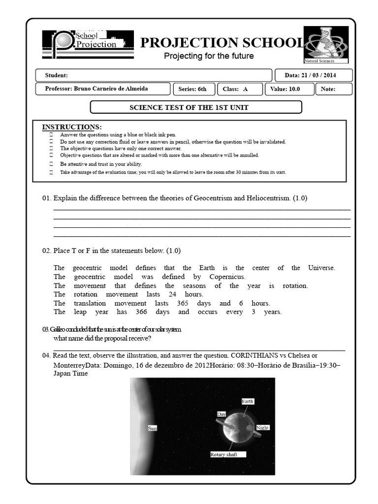 6th GRADE TEST A 2014 | PDF | Heliocentrism | Earth