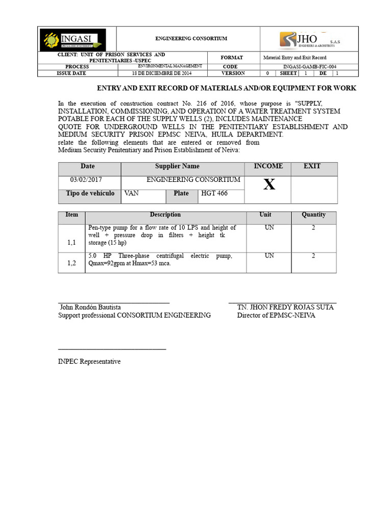 Material Entry and Exit Record for Water System | PDF