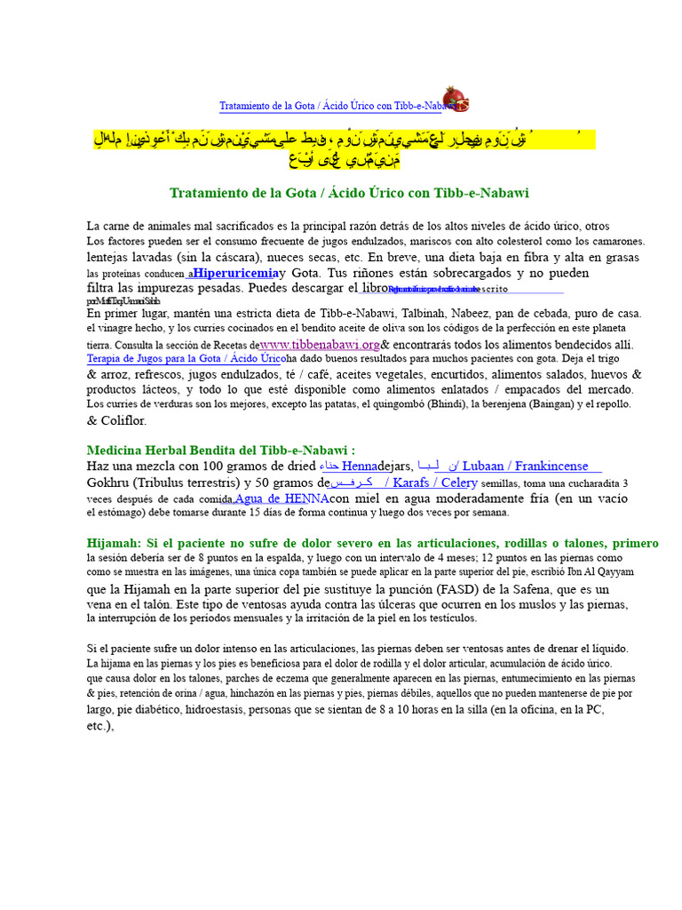 Tratamiento de La Gota Ácido Úrico Tibb e Nabwi | PDF | Gota | Alimentos