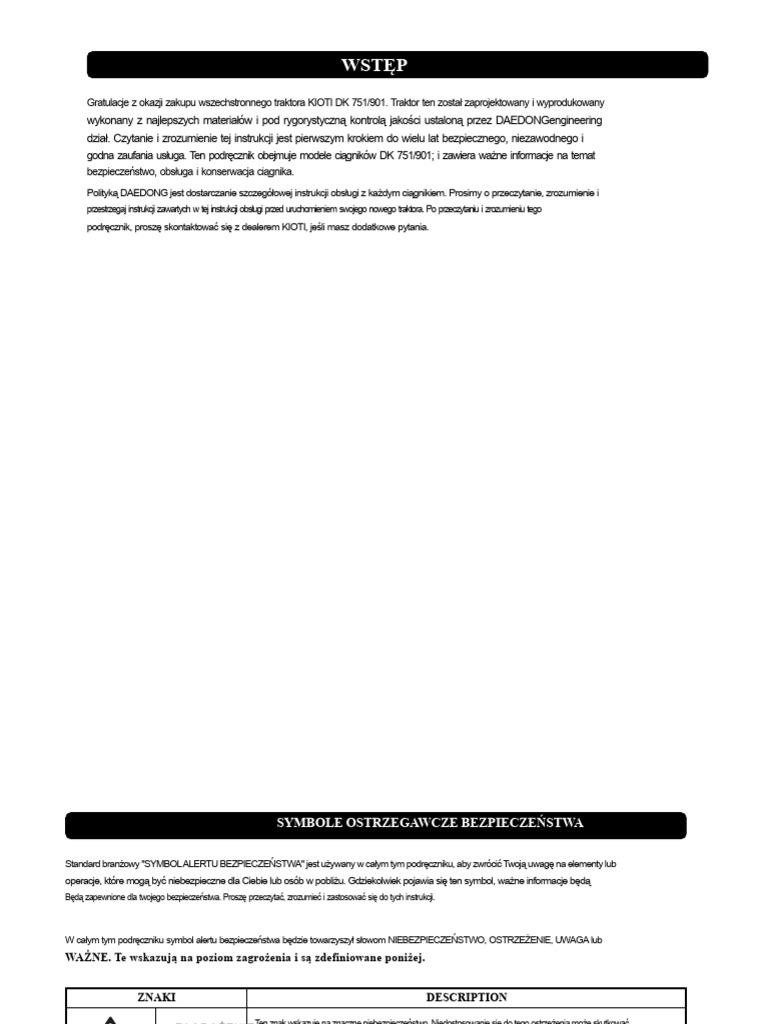 Kioti Daedong DK901 Traktor Instrukcja Obsługi PDF | PDF