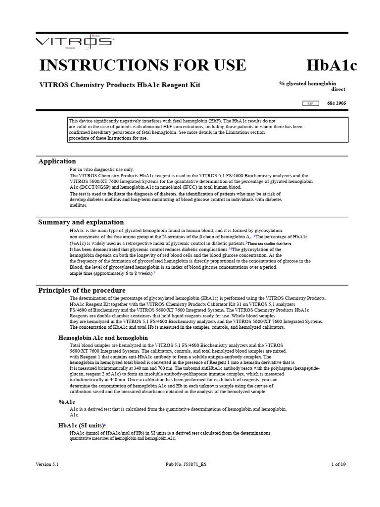 VITROS HbA1c Reagent Kit Instructions | PDF | Glycated Hemoglobin ...