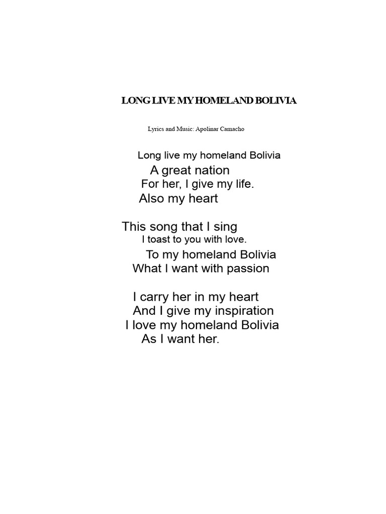 "Long Live My Homeland Bolivia Lyrics" | PDF