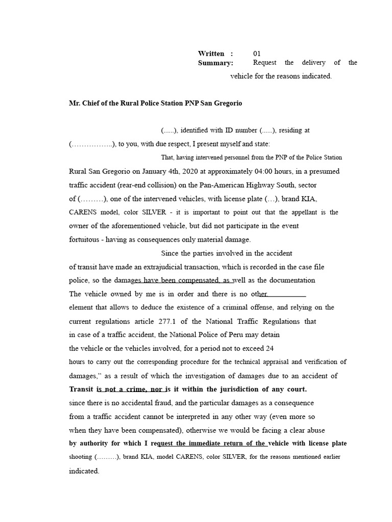 Vehicle Release Request After Accident | PDF