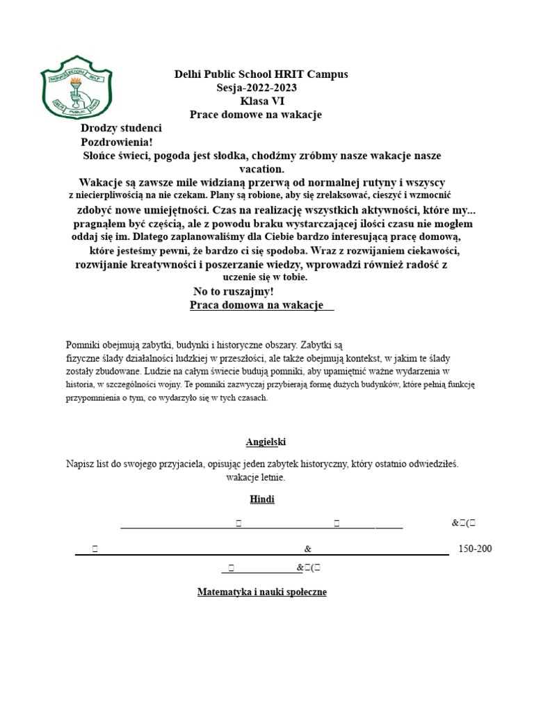Praca Domowa Na Wakacje - Pomniki | PDF