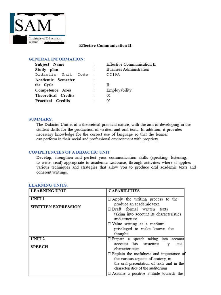 Effective Communication II Syllabus | PDF | Rhetoric | Learning