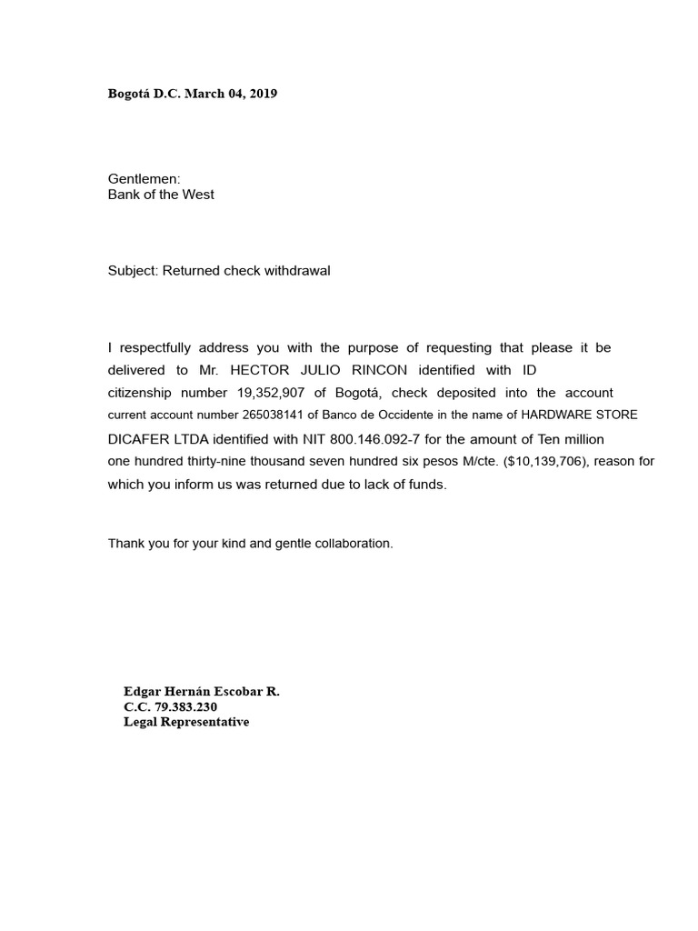 Letter To Pick Up Returned Checks | PDF