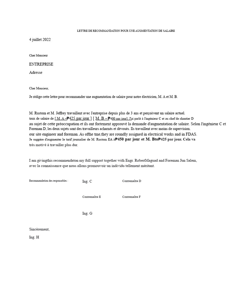 Lettre de recommandation d'augmentation salariale | PDF