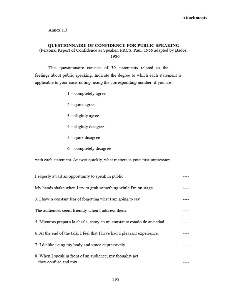 Public Speaking Confidence Questionnaire | PDF | Behavioural Sciences ...