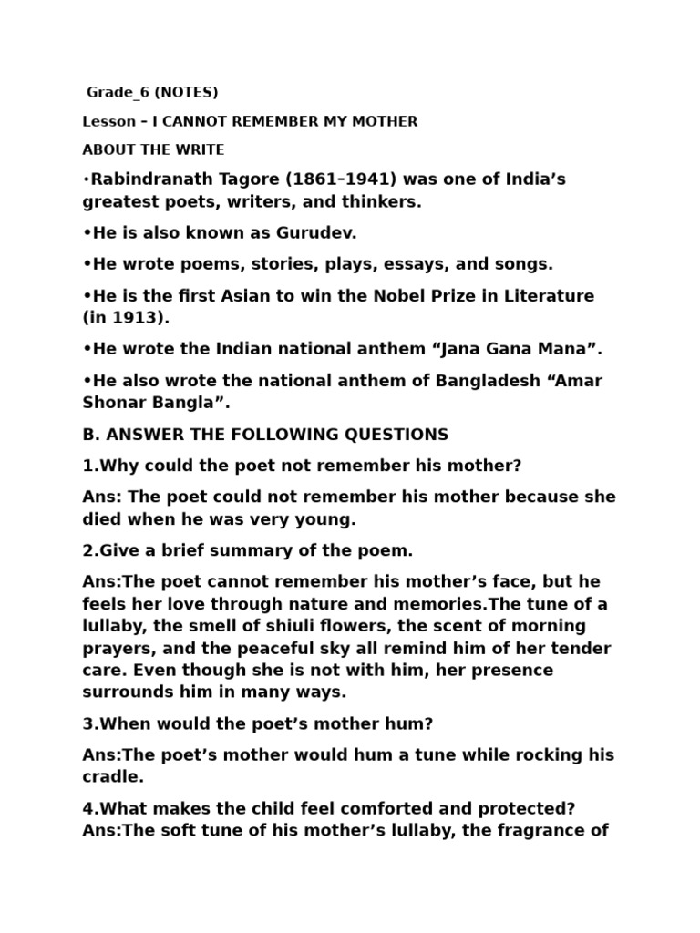 Grade - 6 Cannot Remember My Mother Notes | PDF