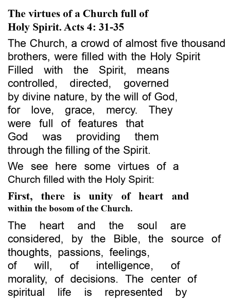 The Virtues of A Church Filled With The Holy Spirit. Acts 4:32-35 | PDF ...