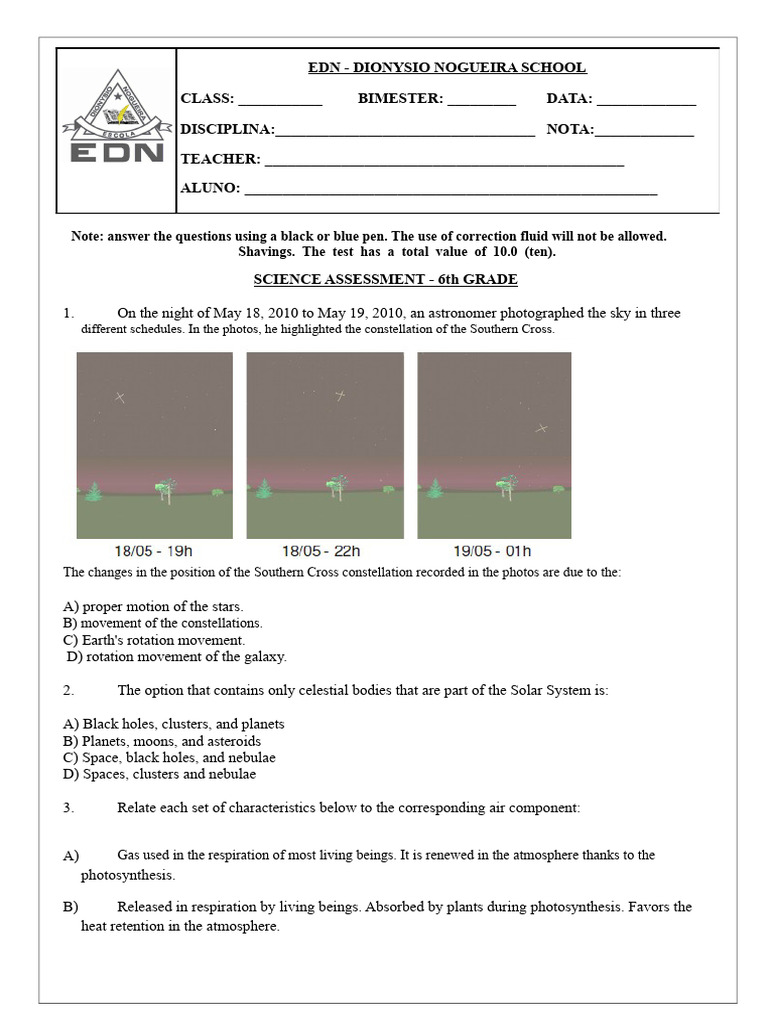 Science Test 6th Grade - 4th Quarter | PDF | Atmosphere Of Earth | Earth