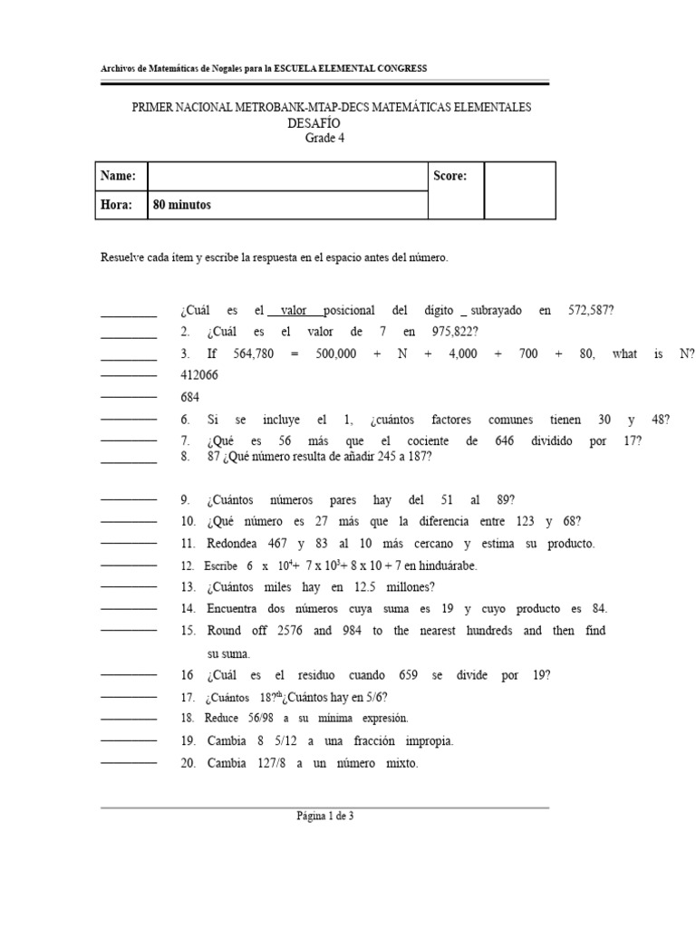 Prueba 1 de Mtap de 4to grado | PDF | Notación Matemática | División ...