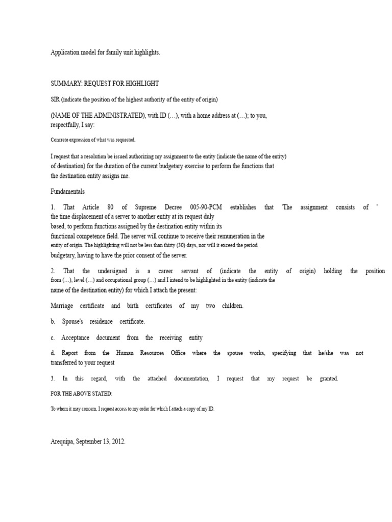 Model Request For Family Unit Highlight | PDF | Marriage, Unions And ...