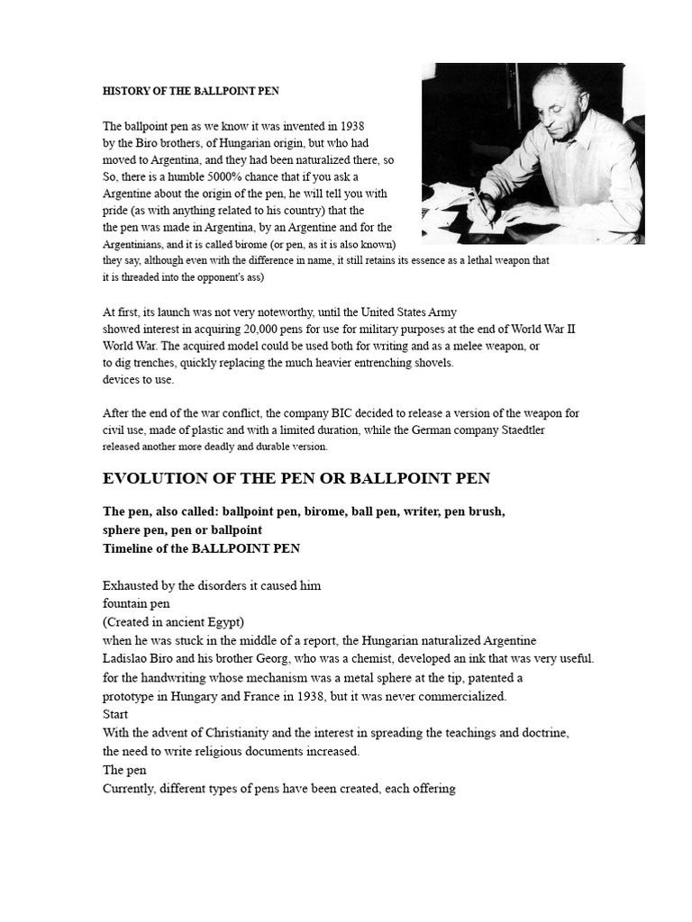 History and Evolution of the Ballpoint Pen | PDF | Pen | Writing Implements