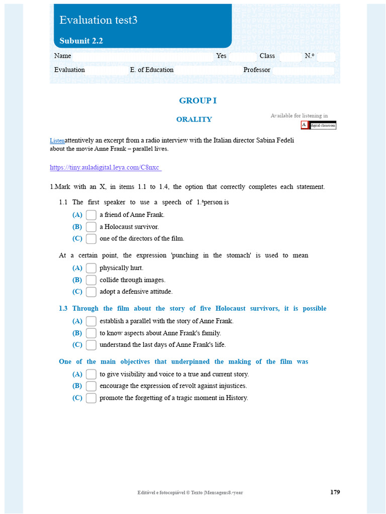 M8_Test_evaluation_Subunit2.2 | PDF | Anne Frank