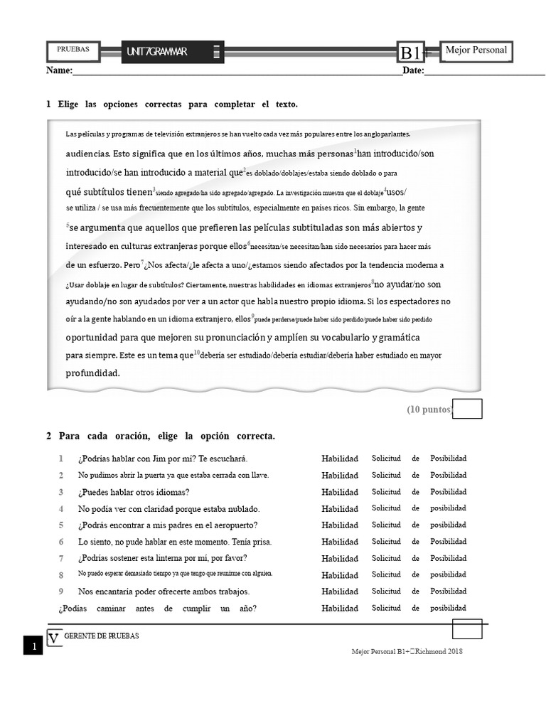 Prueba de gramática de la Unidad 7 del Mejor Personal B1 | PDF ...