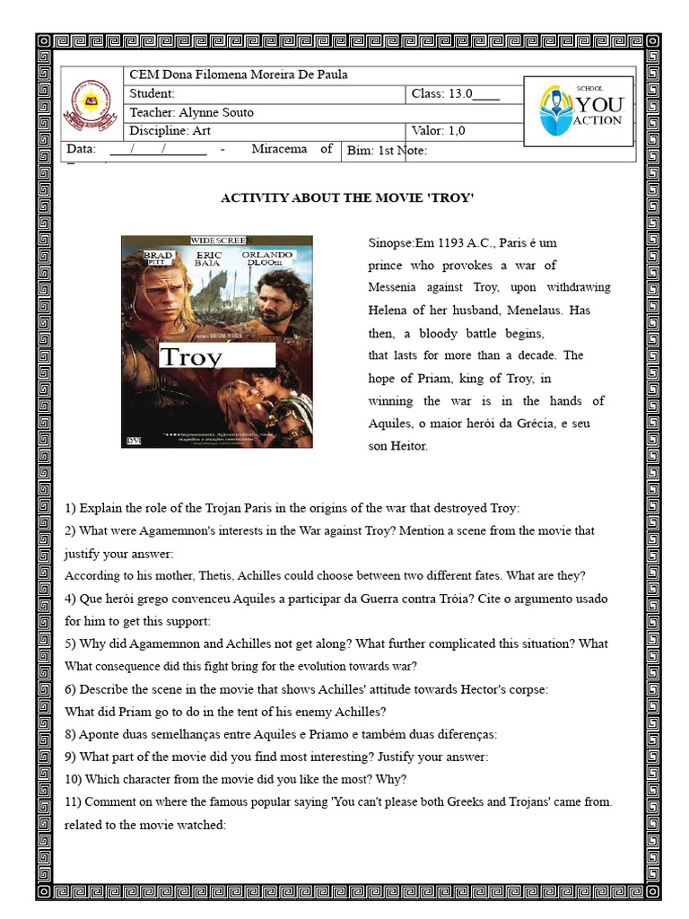 Activity of the movie TROY | PDF | Achilles | Paris (Mythology)