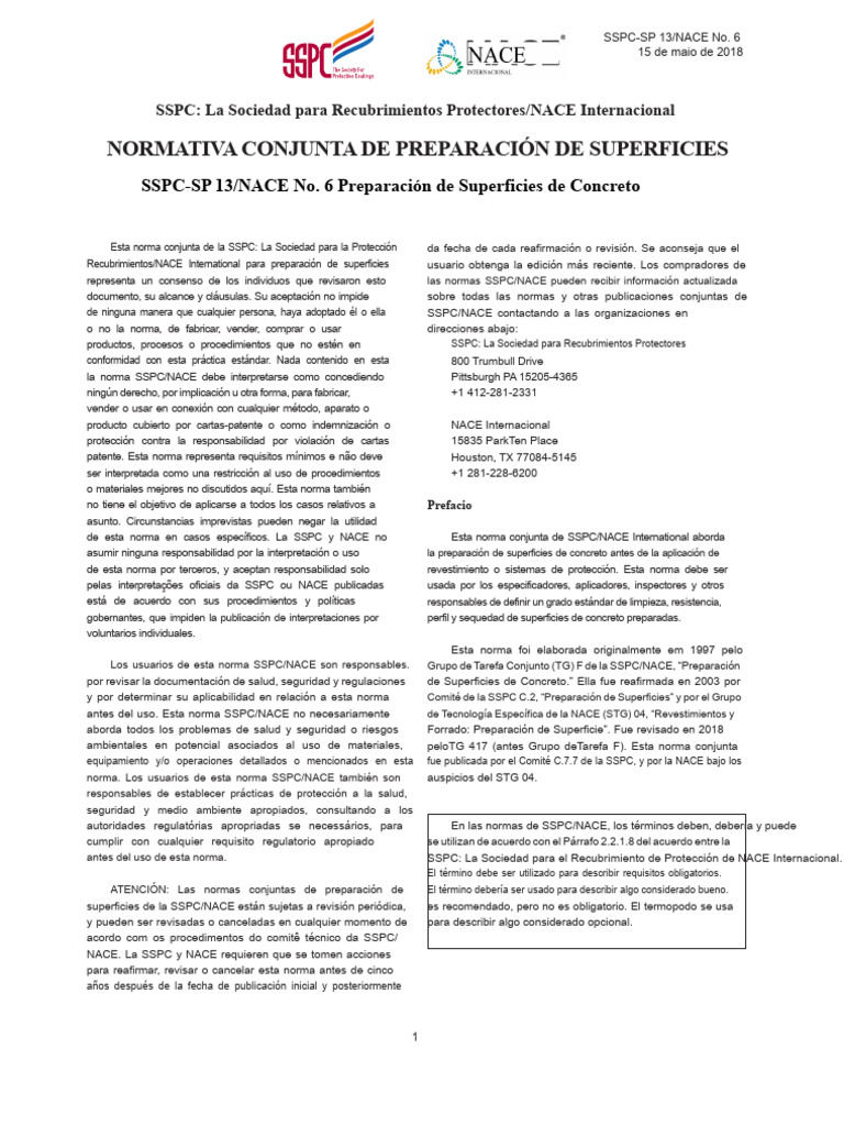 Normativa SSPC-SP 13/NACE No. 6 sobre Concreto | PDF | Hormigón | Cemento