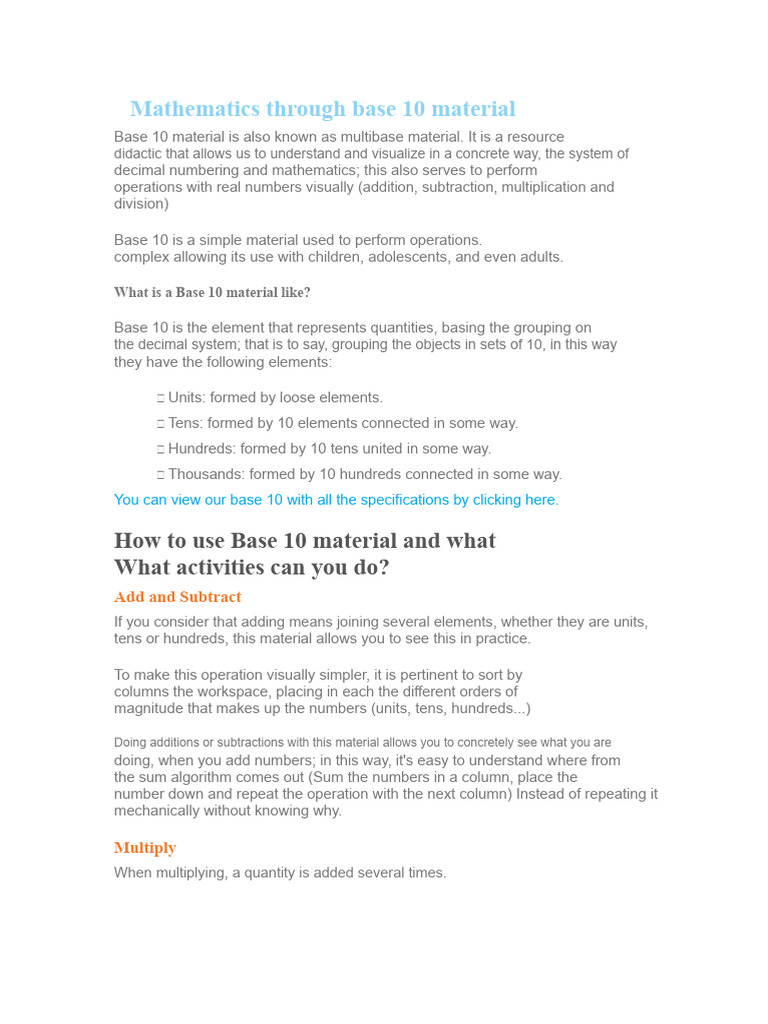 Mathematics through base 10 material | PDF