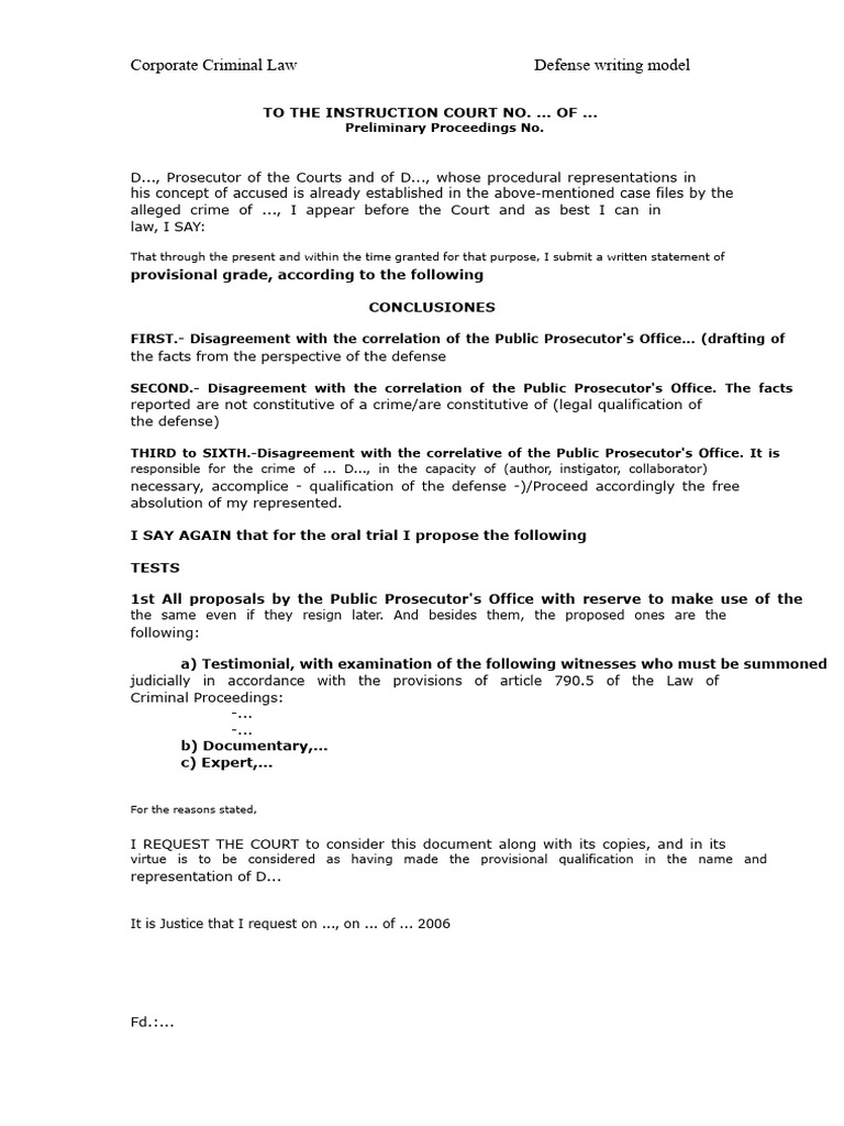 Corporate Criminal Law Defense Model | PDF