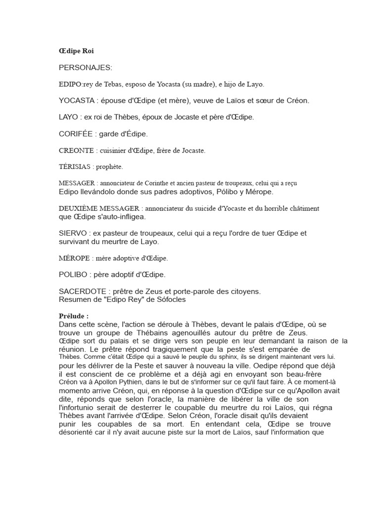 Résumé d'Œdipe Roi de Sophocle | PDF | Œdipe | Mythologie de Thèbes