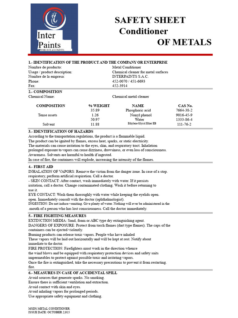Metal Conditioner Safety Data Sheet | PDF | Firefighting | Solvent