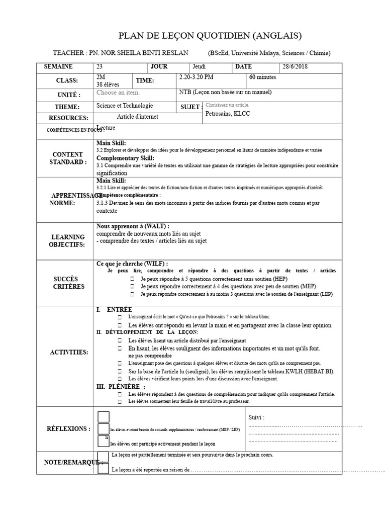Plan de Leçon D'anglais Pak 21 Formule 2 | PDF | Malaisie | Satellite