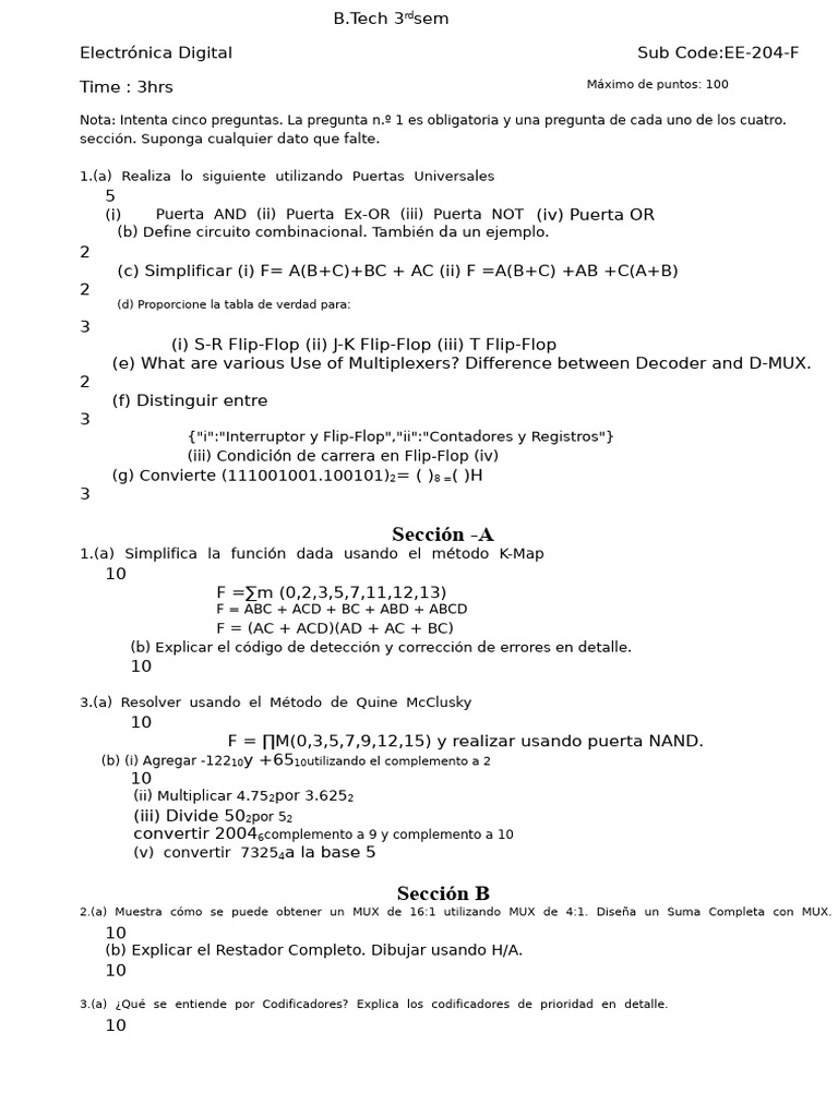 Examen B.Tech Electrónica Digital 3er Semestre | PDF | Circuitos ...