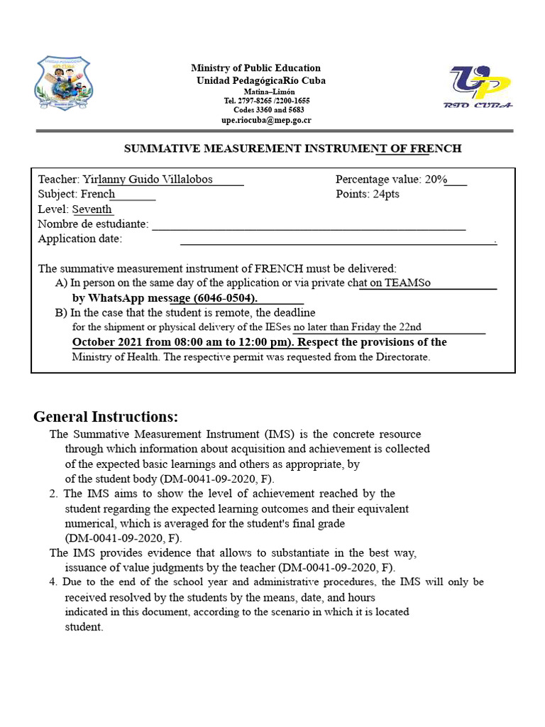 Summative Measurement Instrument For French-7 | PDF | Grammatical ...