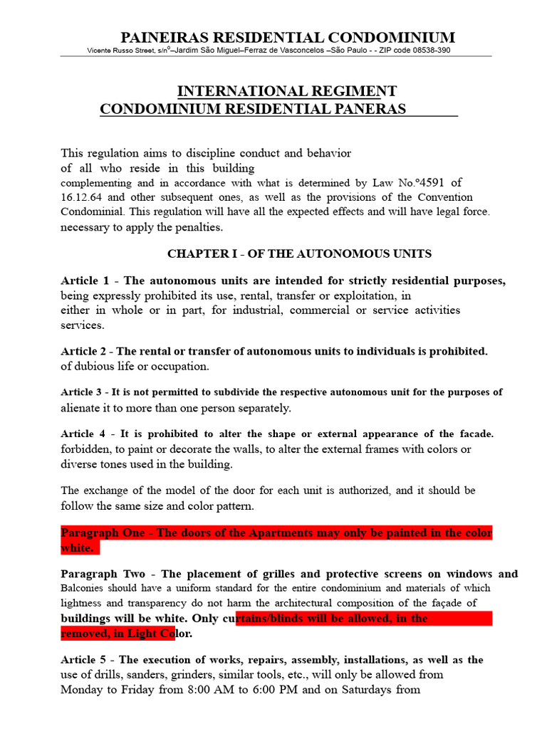 Updated Internal Regulations Paineiras | PDF | Condominium | Parking