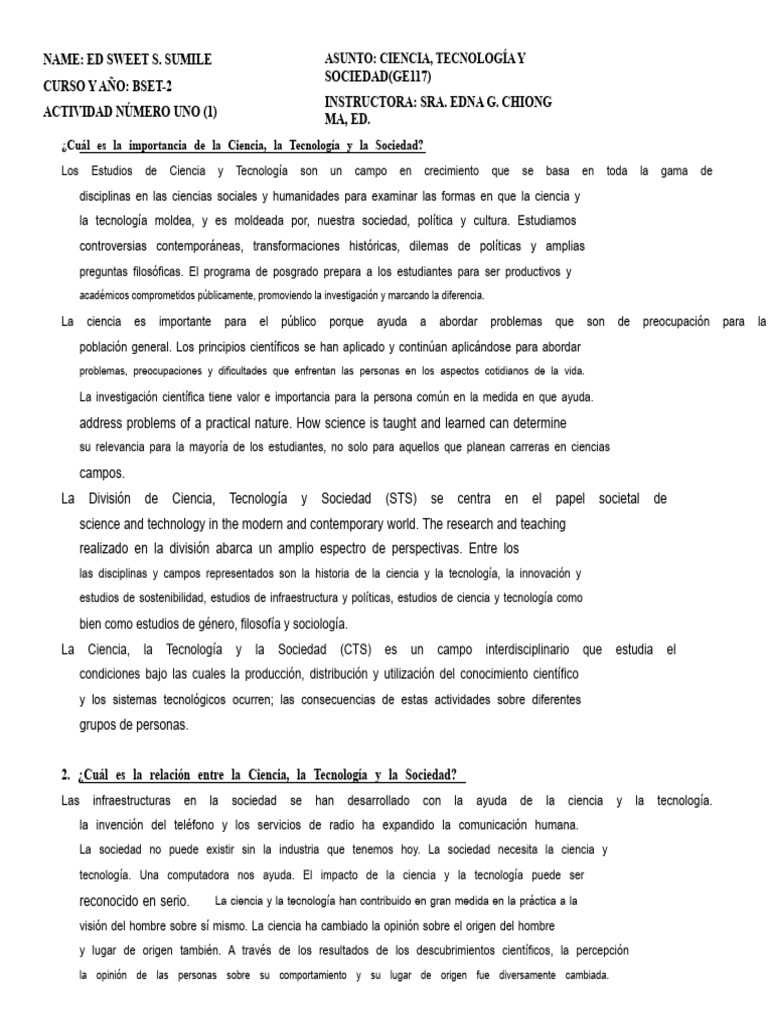 Ciencia, Tecnología y Sociedad Actividad 1 | PDF | Sociedad | Science