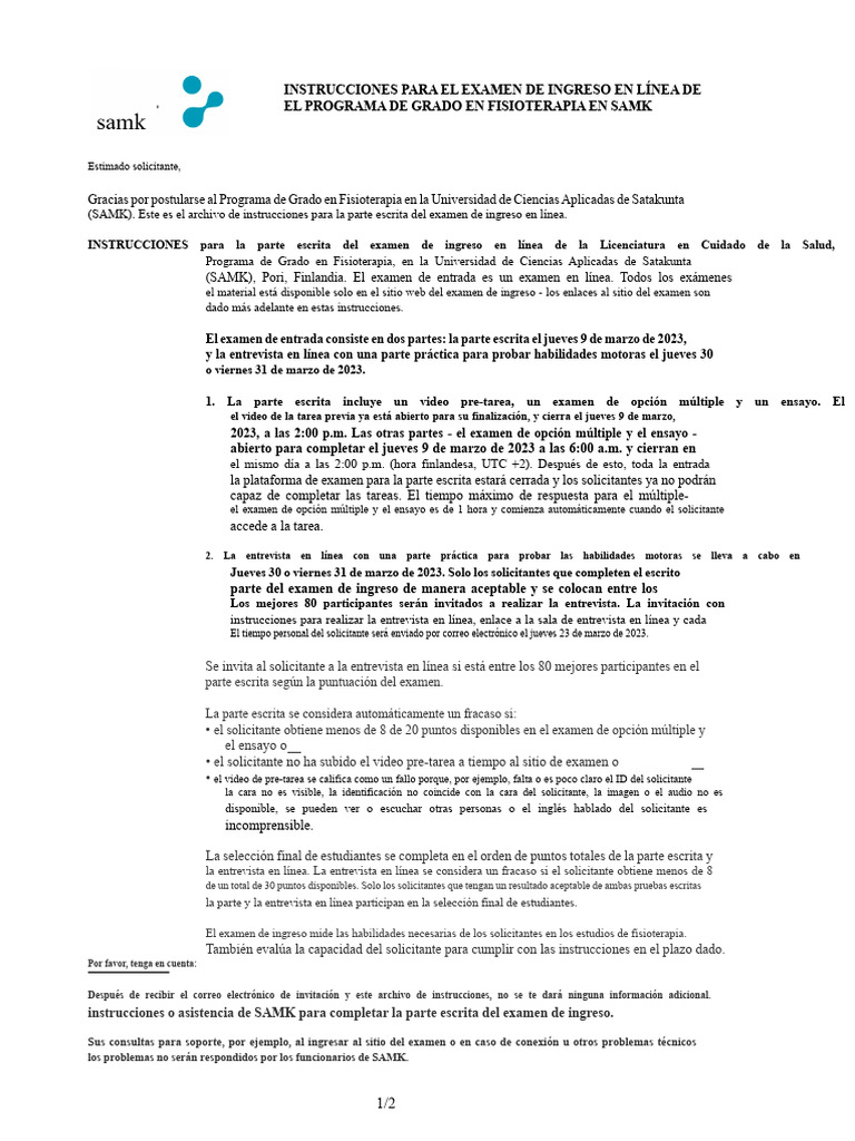 Instrucciones del examen de entrada a fisioterapia de SAMK para la ...