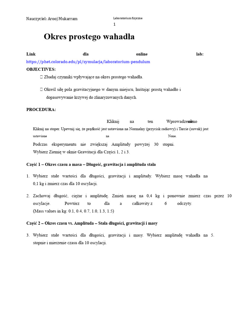 Laboratorium Wahadła Dla Phet | PDF