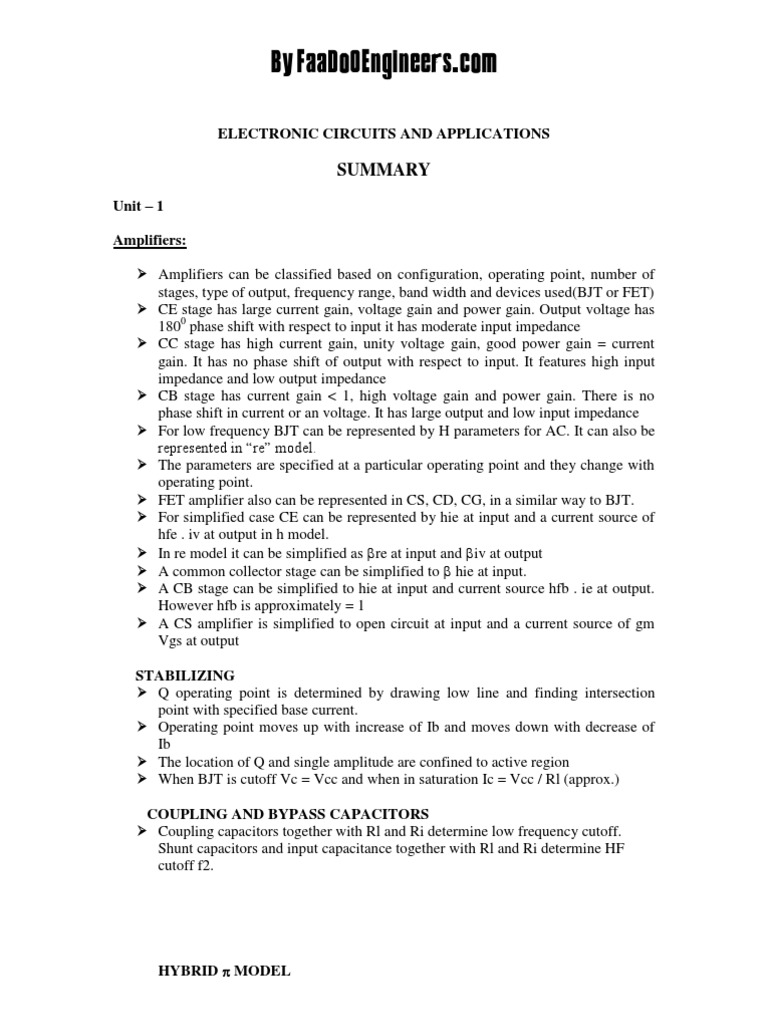 Electonics Circuits & Applications Summary | PDF