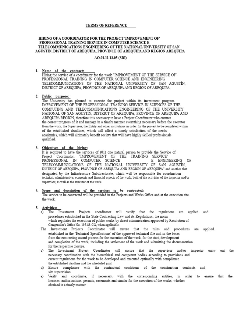 TERMS OF REFERENCE FOR PROJECT COORDINATOR ARCHITECT OR ENGINEER | PDF ...