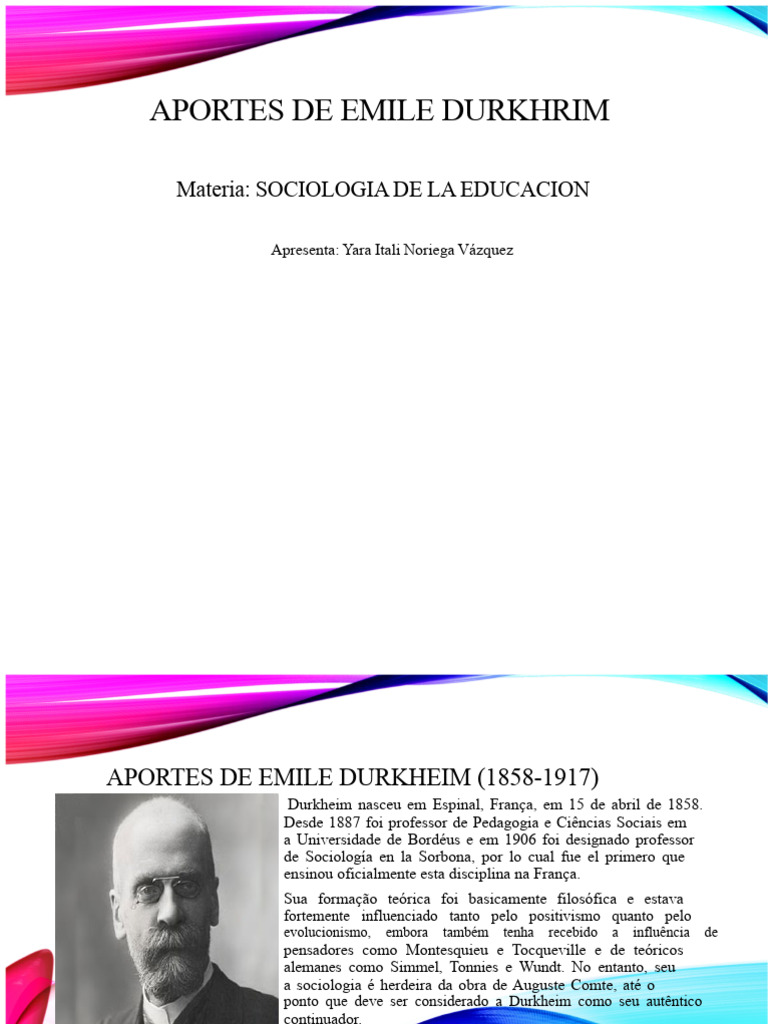 Contribuições de Emile Durkheim Sociologia da Educação | PDF ...