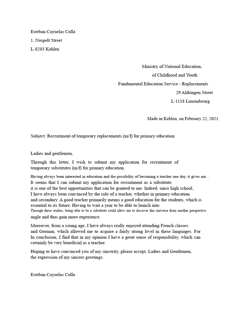 Motivation Letter for Substitute Teacher | PDF