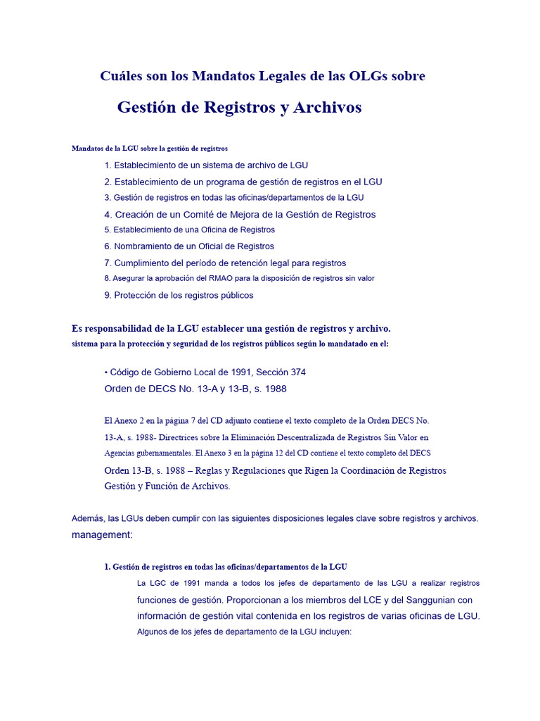 Los Mandatos Legales de las Unidades de Gobierno Local sobre la Gestión ...