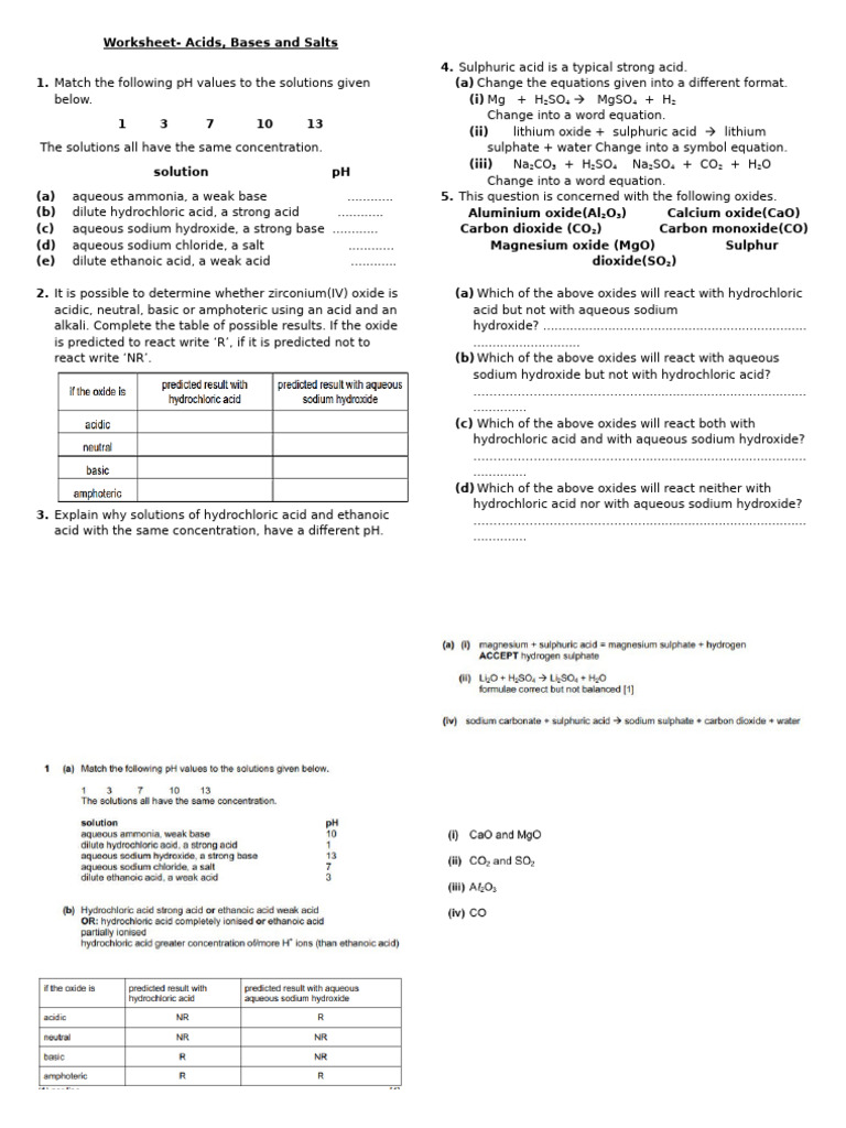 Acids, Bases, and Salts Worksheet | PDF | Hydroxide | Acid