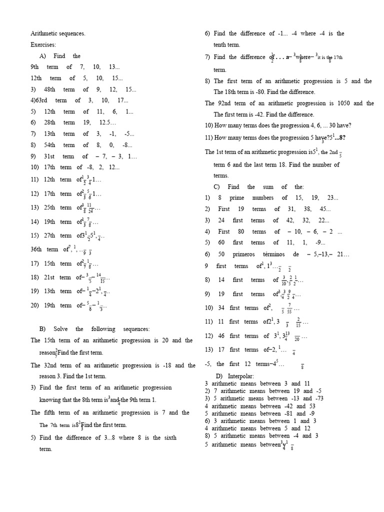 Arithmetic Sequences Exercises | PDF | Mathematics
