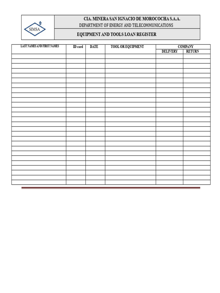 TEMPLATE FOR TOOL AND EQUIPMENT LOAN REGISTRATION | PDF